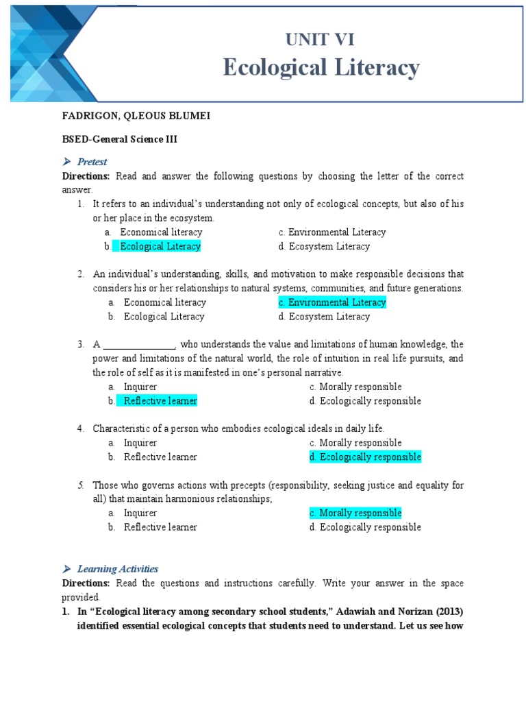 Worksheet - 6-Fadrigon, Qleous Blumei | PDF | Ecological Niche | Ecosystem