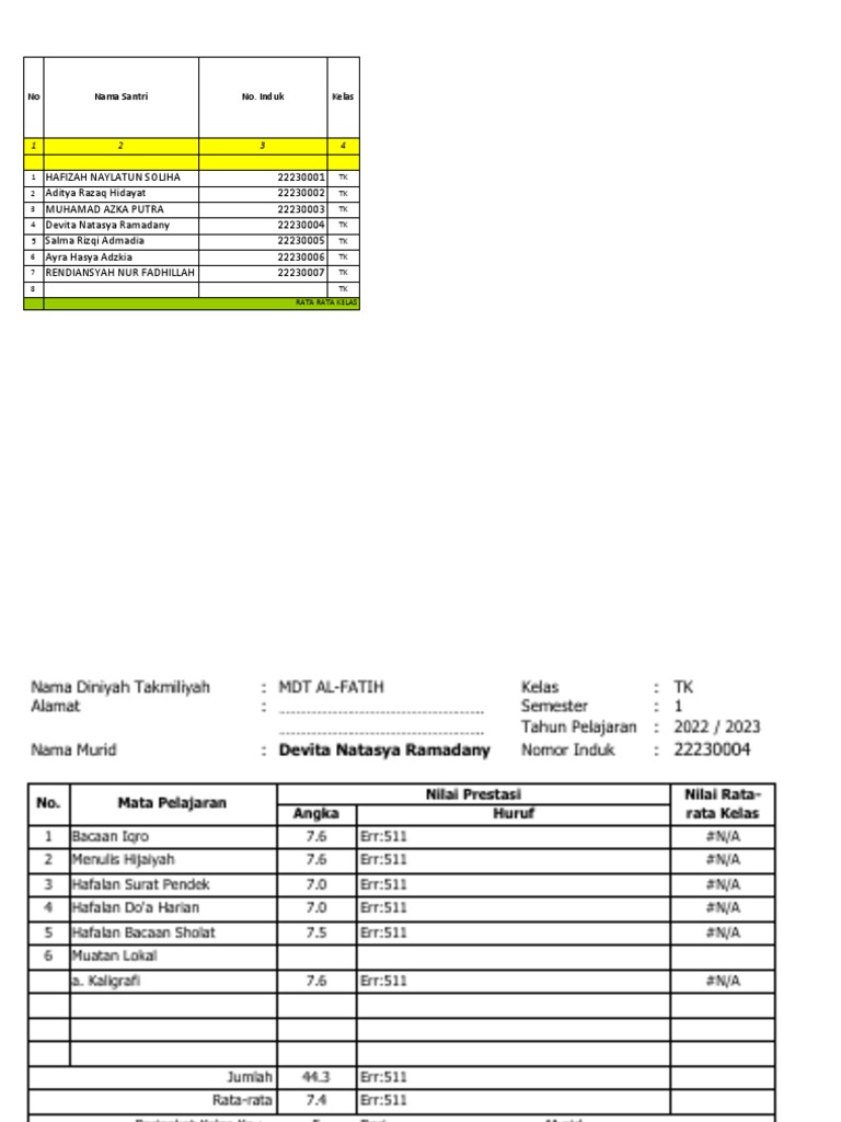 NILAI RAPOR TK 2022_2023 | PDF