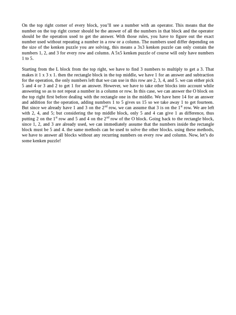 Kenken Puzzle Explanation odt PDF