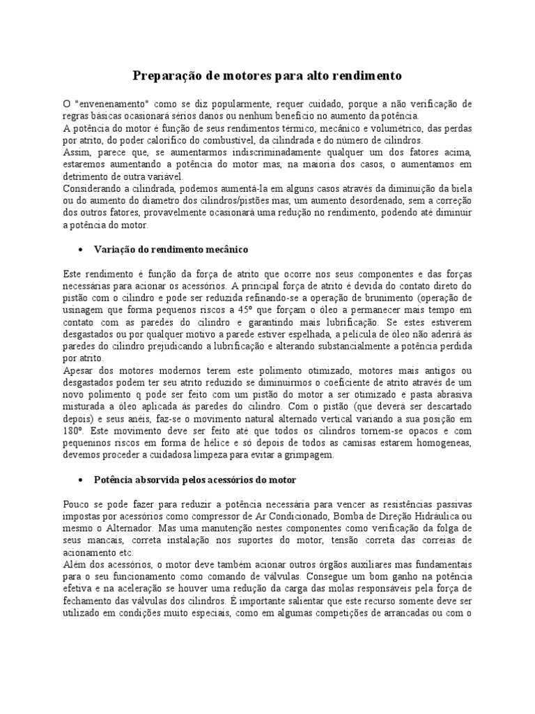 Preparacao de Motores para Alto Rendimento | PDF | Motor de Combustão ...