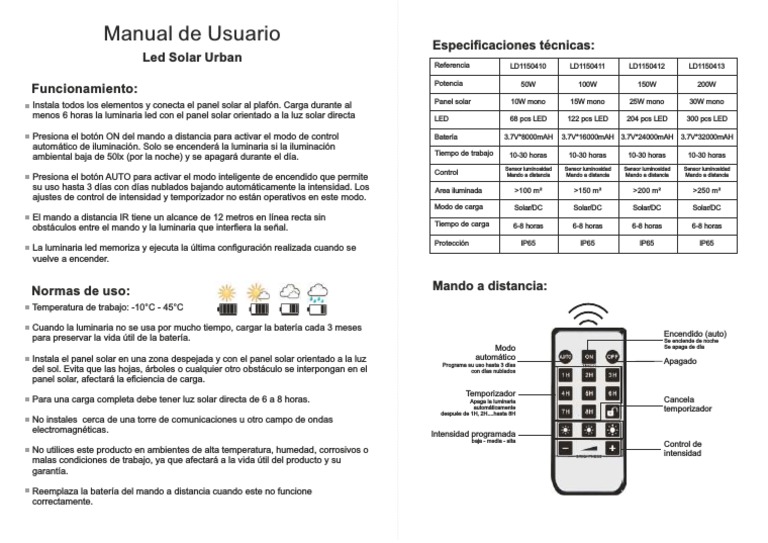 Manual de Instalación Foco Solar LED | PDF | Control remoto | Diodo ...