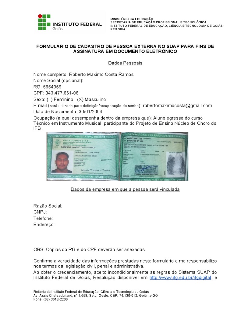 FORMULÁRIO PARA CADASTRO NO SUAP P. EXTERNAS (1) Choro | PDF