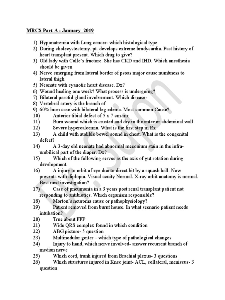 MRCS Part-A January 2019 Questions | PDF | Hip | Injury