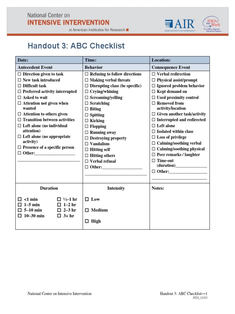 Handout 3 Abc Checklist Pdf Pdf Cognitive Science Behaviorism