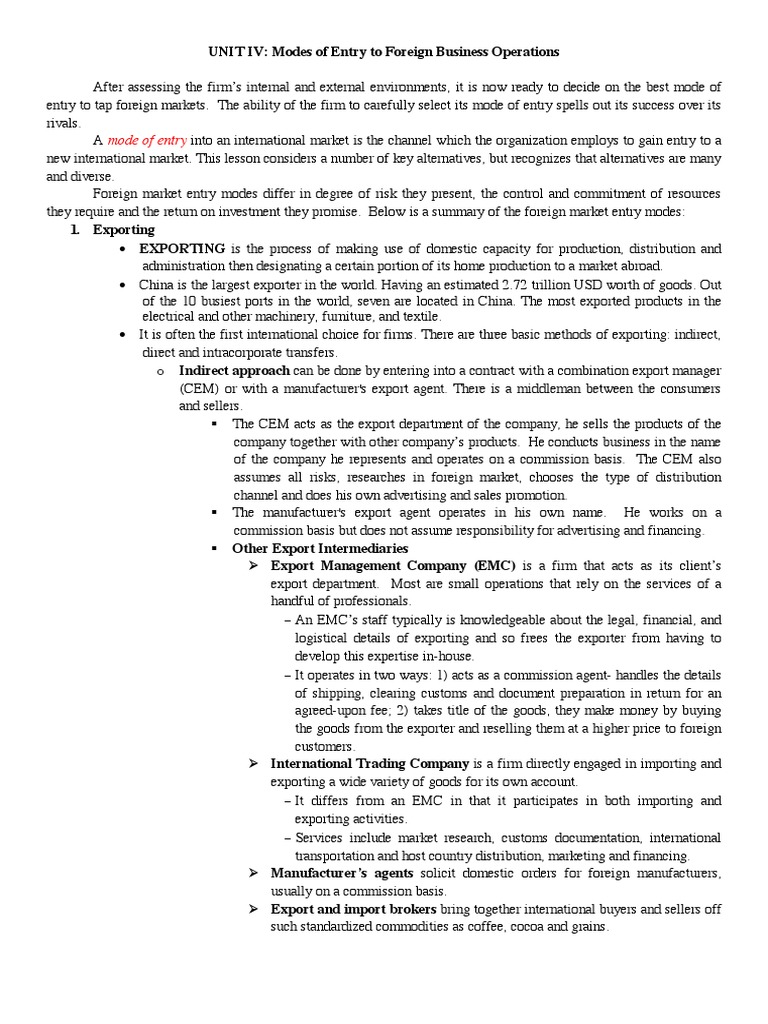 UNIT IV. Modes-of-Entry-to-Foreign-Business-Operations | PDF ...