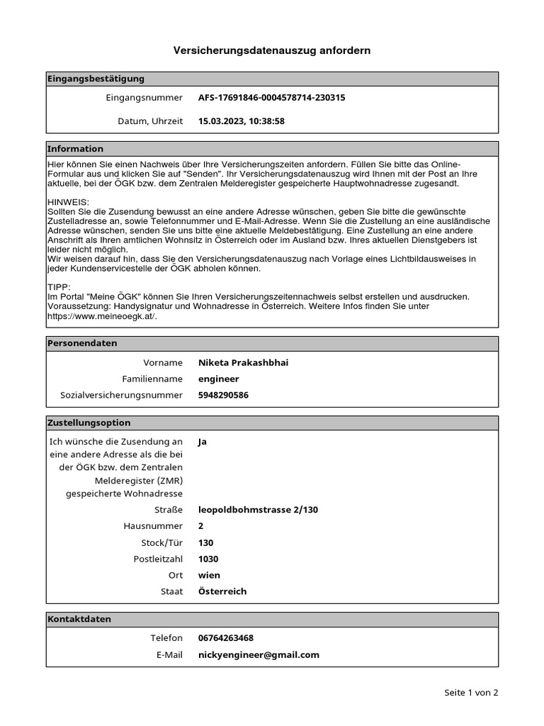 Formular FG0021 Versicherungsdatenauszug Anfordern Oa OEGK V4 0 | PDF