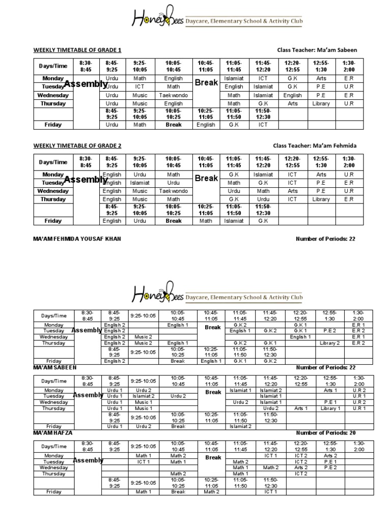 WEEKLY TIMETABLE OF GRADE 1 Class Teacher | PDF