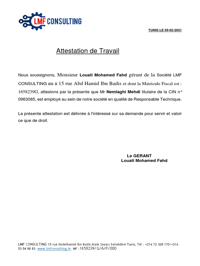 Attestation de Travail Mahdi PDF | PDF