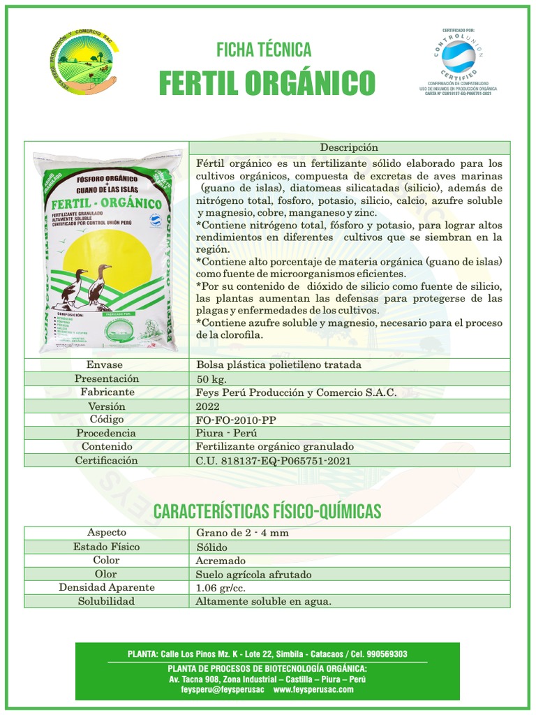 Ficha Tecnica Fertil Orgánico PDF | PDF | Fertilizante | Cobre