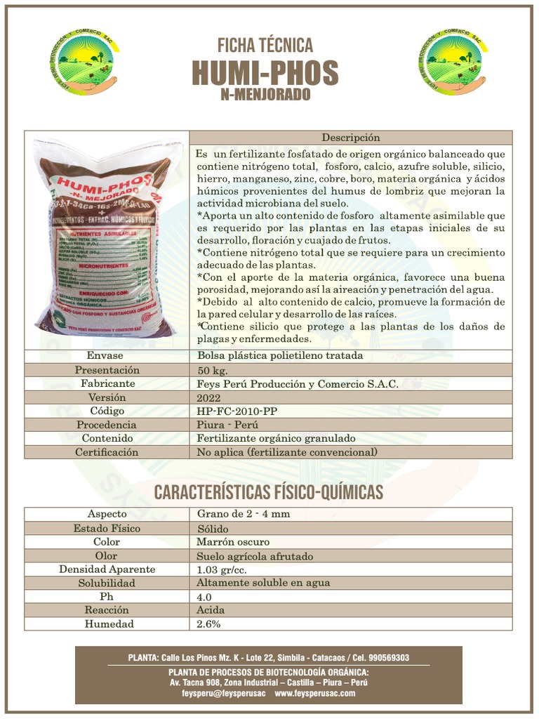 Ficha Técnica de Humi-Phos | PDF | Fertilizante | Química