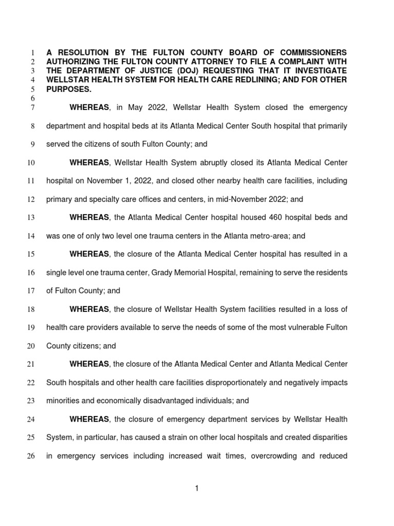 Fulton County Commission Resolution Requesting DOJ Investigation of Wellstar | PDF | Hospital ...