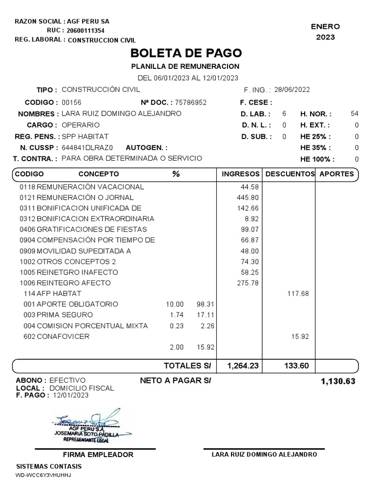 Boleta de Pago: 20600111354 Agf Peru Sa Razon Social: Ruc: Construccion Civil Reg. Laboral | PDF ...