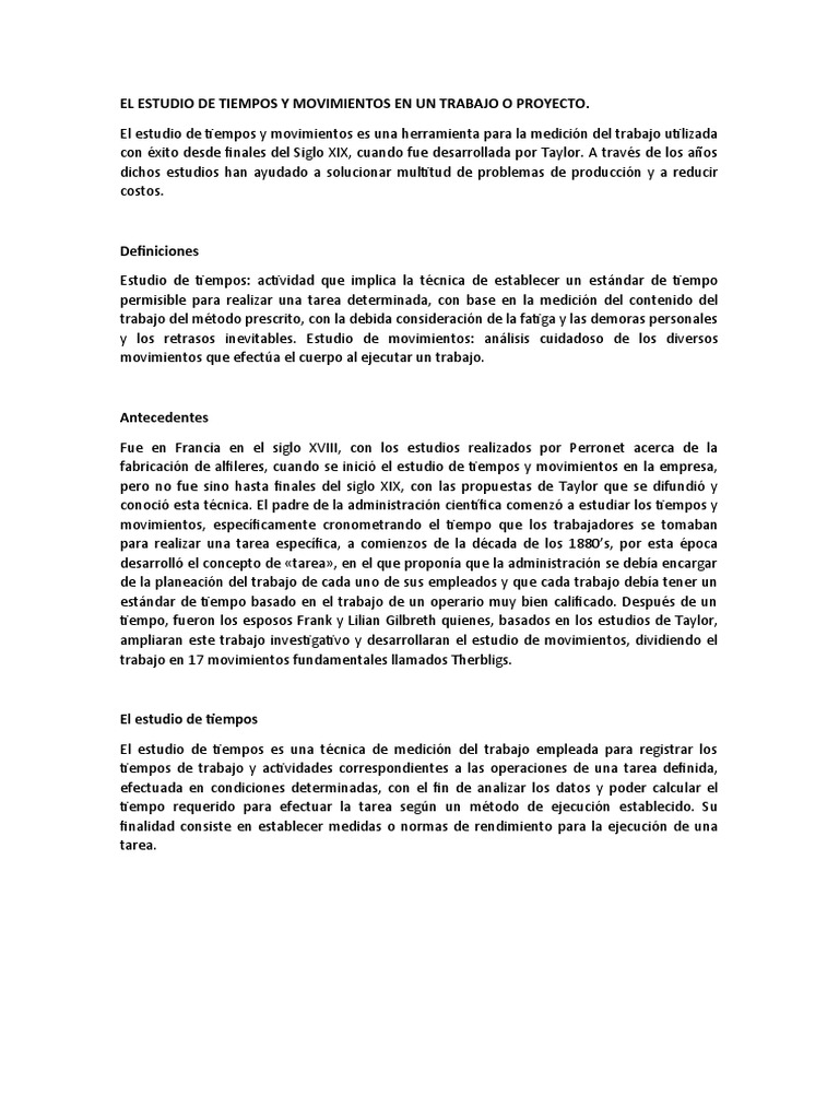 El Estudio De Tiempos Y Movimientos En Un Trabajo O Proyecto Pdf