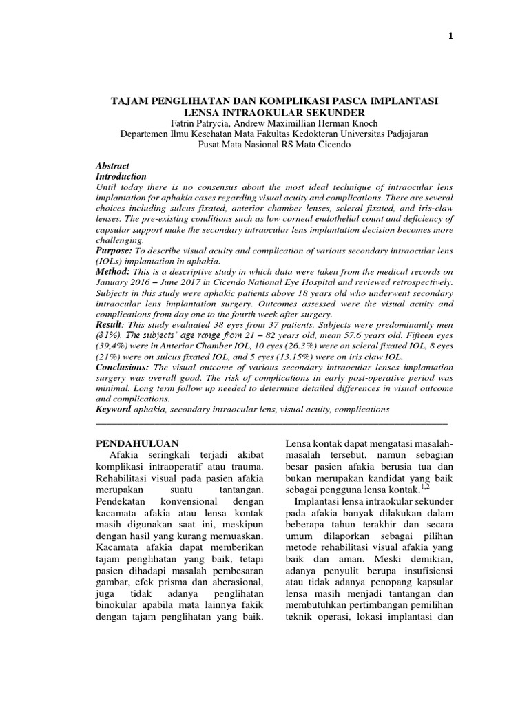 Tajam Penglihatan Dan Komplikasi Pasca Implantasi Lensa Intraokular ...