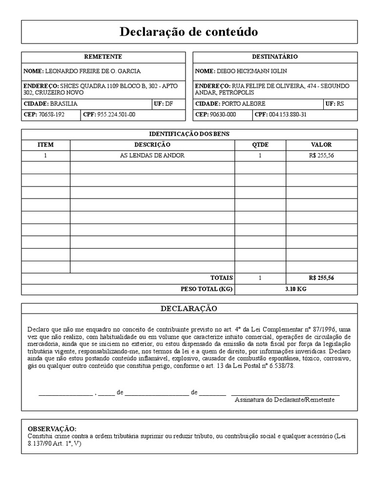 Declaração de Conteúdo Correios - Lendas de Andor | PDF Declaração de Conteúdo Correios - Lendas de Andor | PDF
