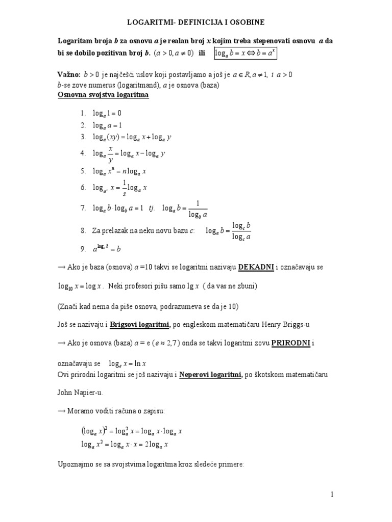 4.LOGARITMI - Definicija I Osobine PDF | PDF
