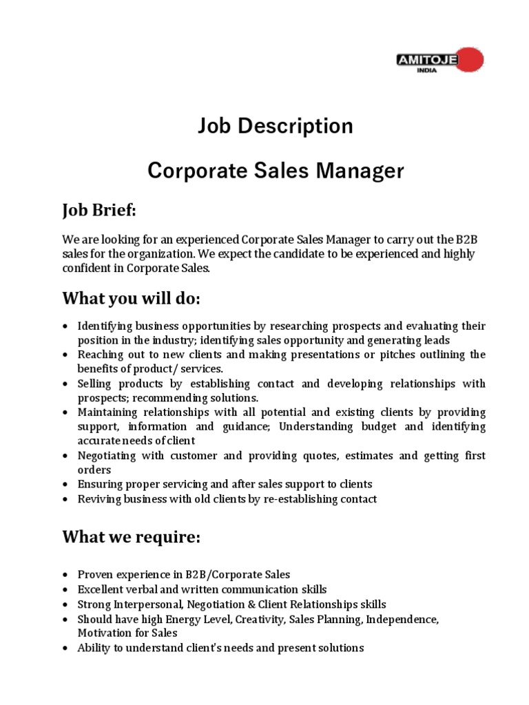 Corporate Sales Manager Job Description | PDF