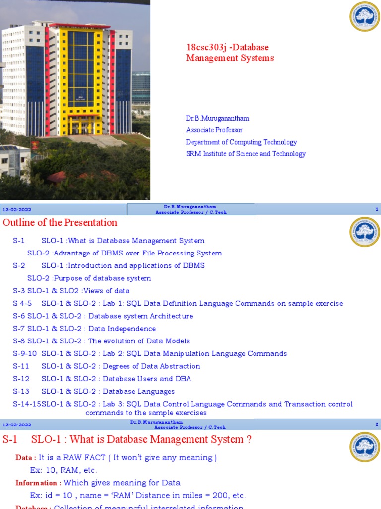 18CSC303J DBMS Unit I | PDF | Databases | Sql 18CSC303J DBMS Unit I | PDF | Databases | Sql