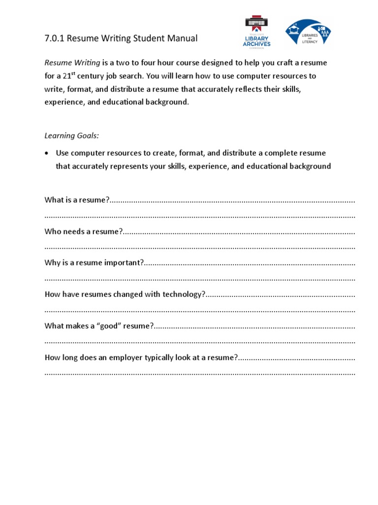 7.0.1 Resume Writing Student Manual: Resume Writing Is A Two To Four ...