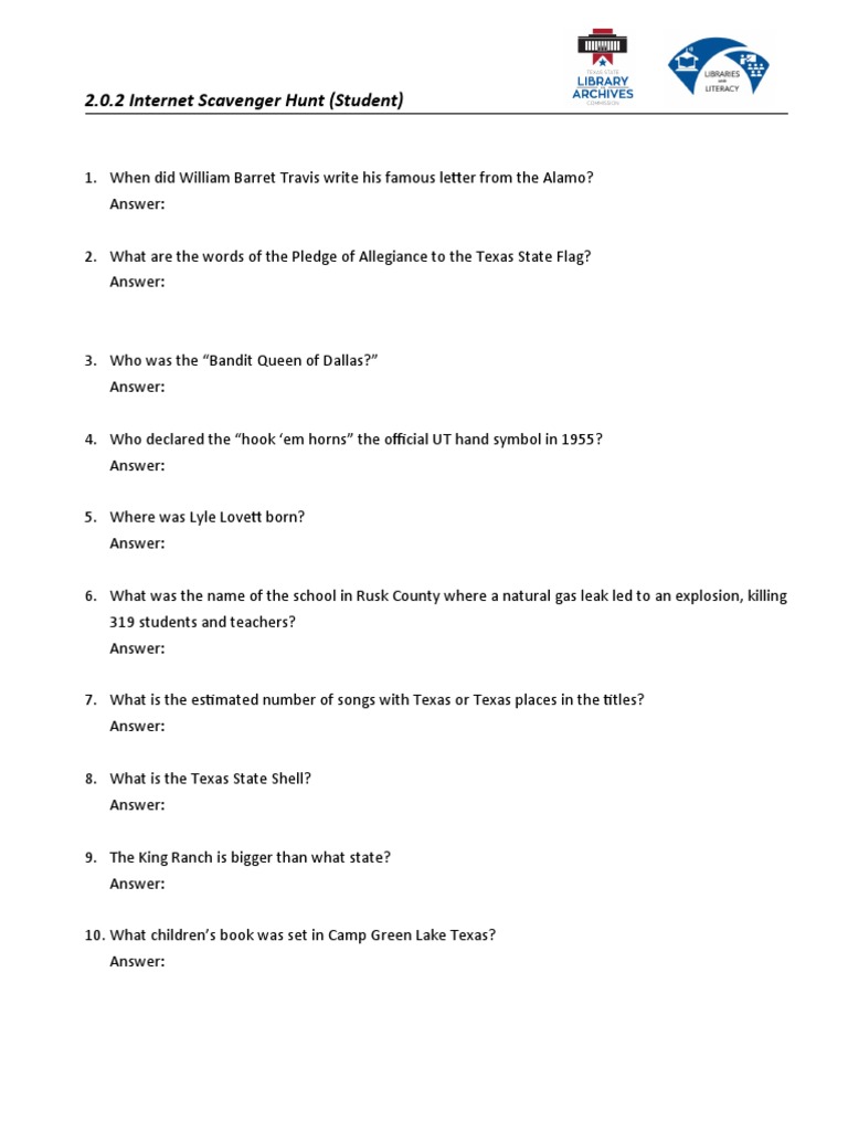 Texas History Scavenger Hunt Quiz | PDF | Social Science | Travel
