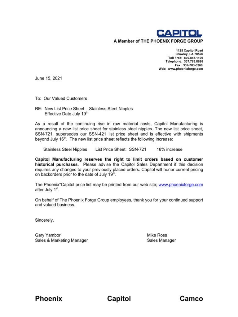 July SSN List Price Sheet Increase - Effective July 19th | PDF