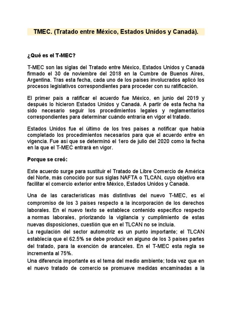 TMEC | PDF | Tratado de Libre Comercio Norteamericano | Economias
