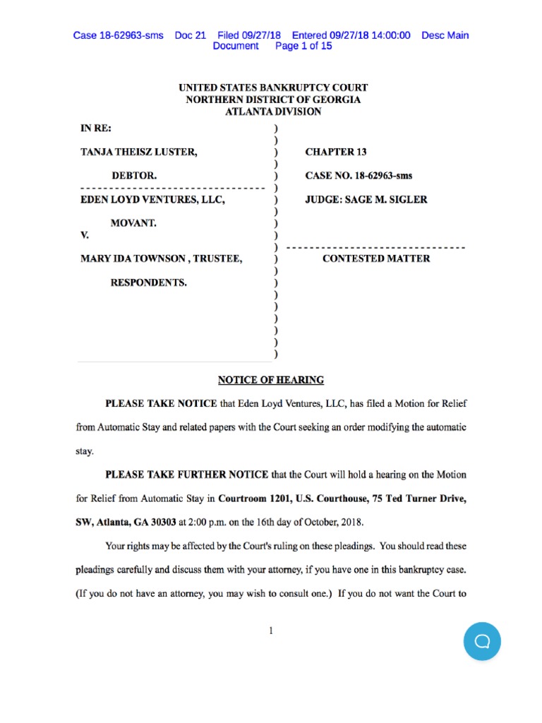 Tanja Theisz Luster: Motion for Relief from Stay Fee $ 181, 300 West ...