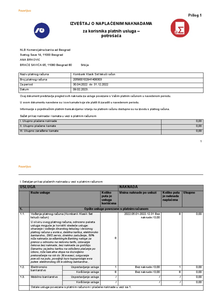 Izveštaj O Naplaćenim Naknadama Za Korisnika Platnih Usluga - Potrošača ...