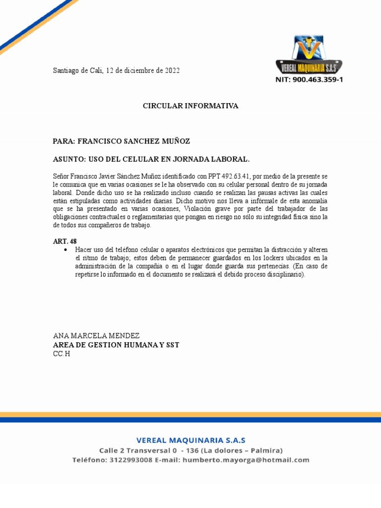 Circular Informativa Uso Del Celular | PDF