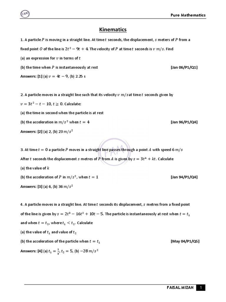 Kinematics Problems in Pure Mathematics | PDF | Acceleration | Velocity