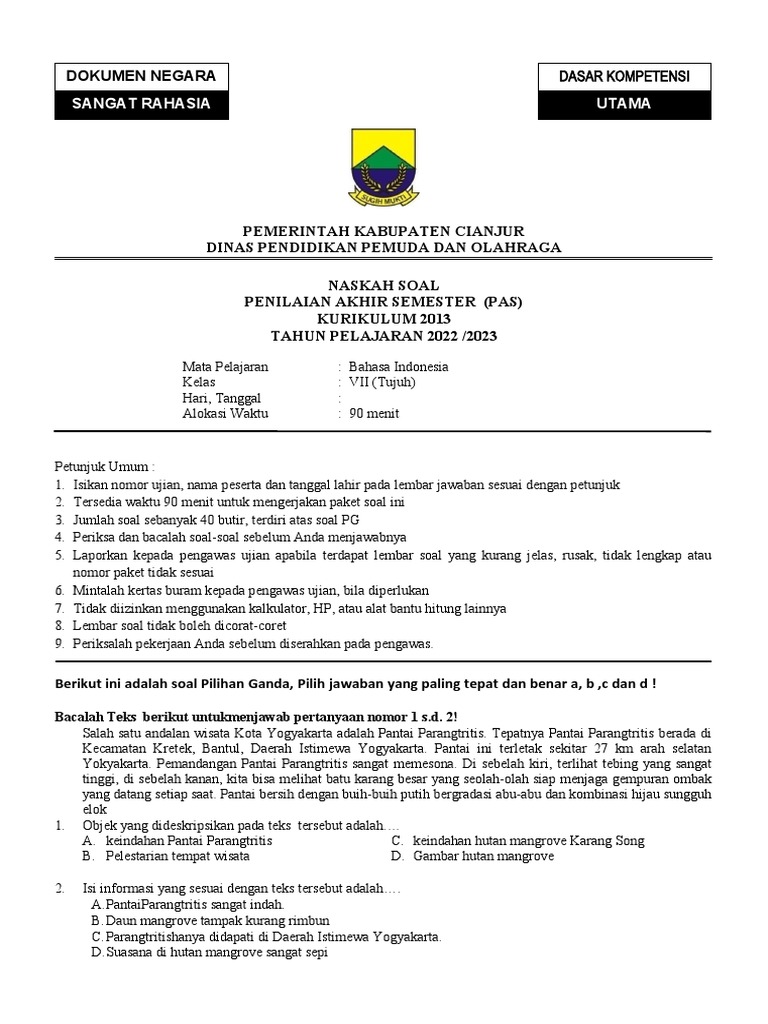 Soal PAS Bahasa Indonesia Kelas VII Fiks 2022-2023 | PDF