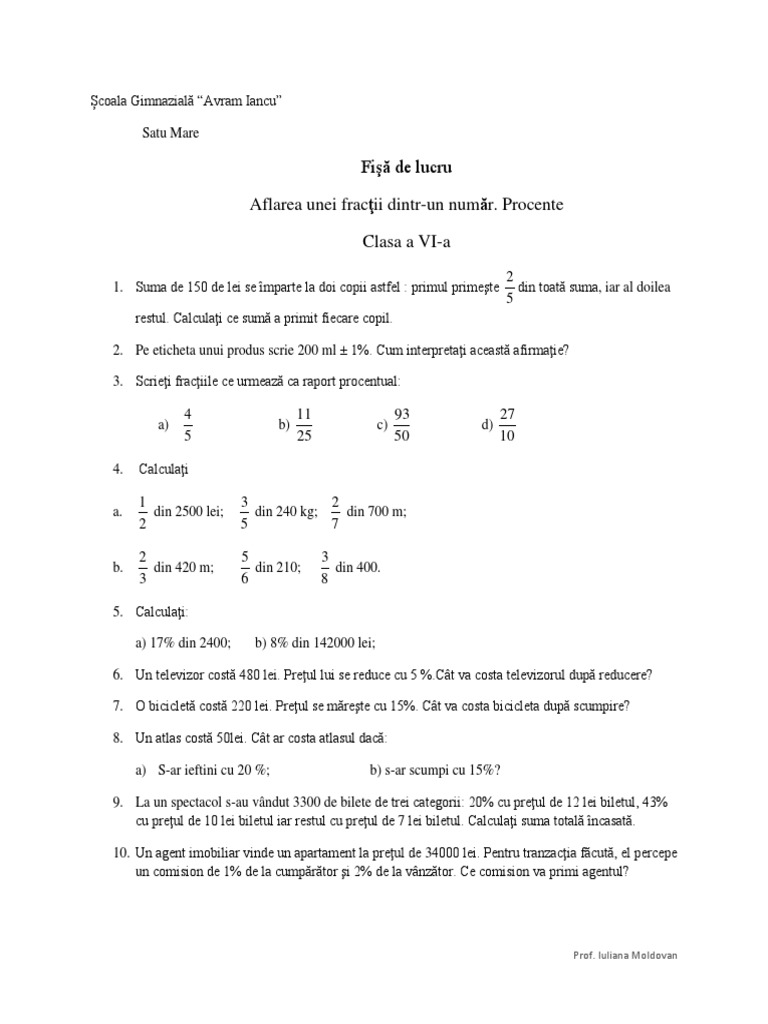 Aflarea Unei Fractii Dintr Un Nr. Procente - Fisa de Lucru | PDF