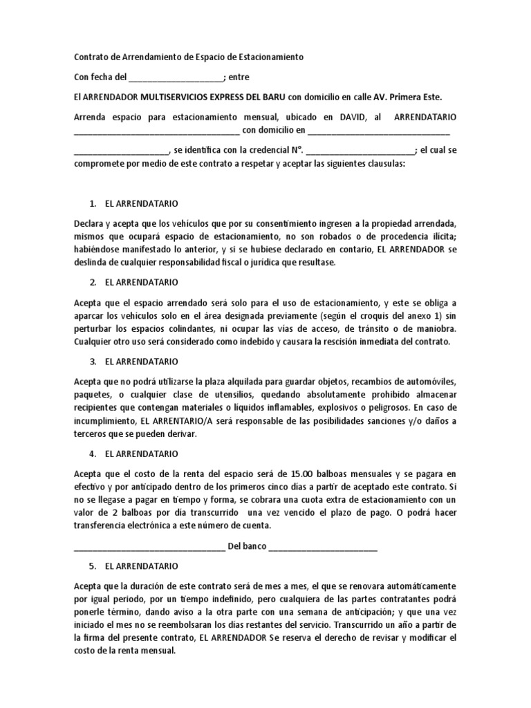 Contrato de Arrendamiento de Espacio de Estacionamiento | PDF Contrato de Arrendamiento de Espacio de Estacionamiento | PDF