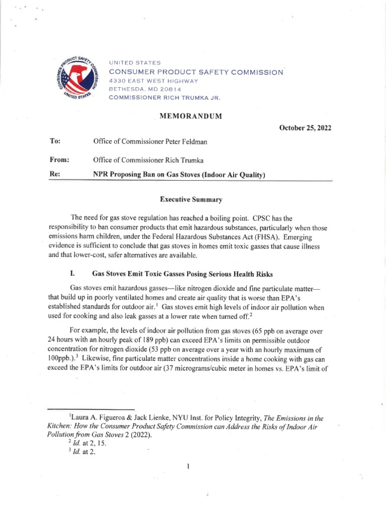 October Memo Trumka Gas Stoves | PDF
