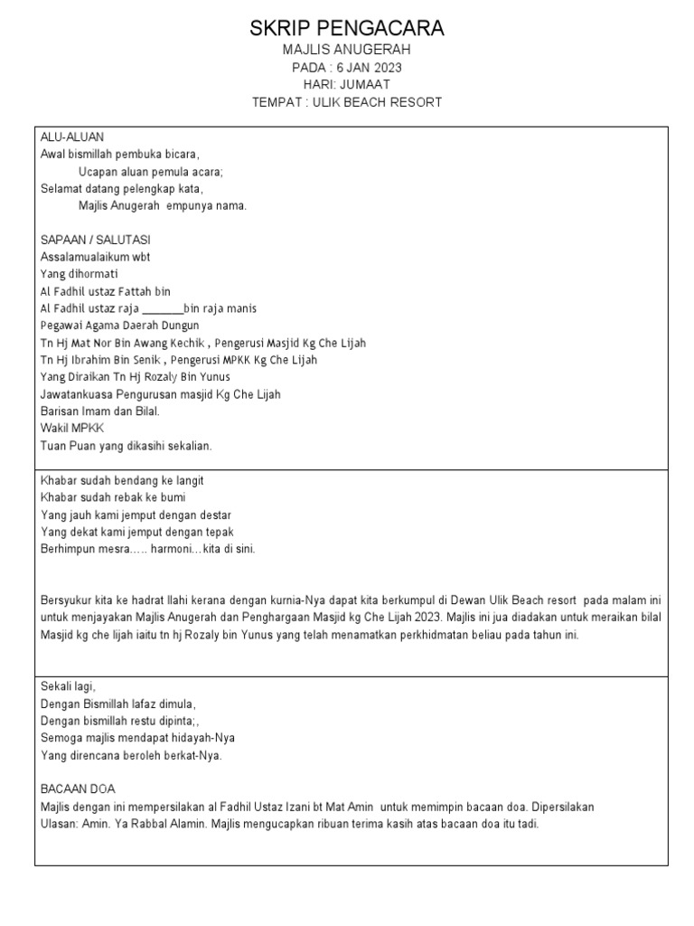 Skrip Pengacara Majlis Anugerah MKCL 2023 | PDF