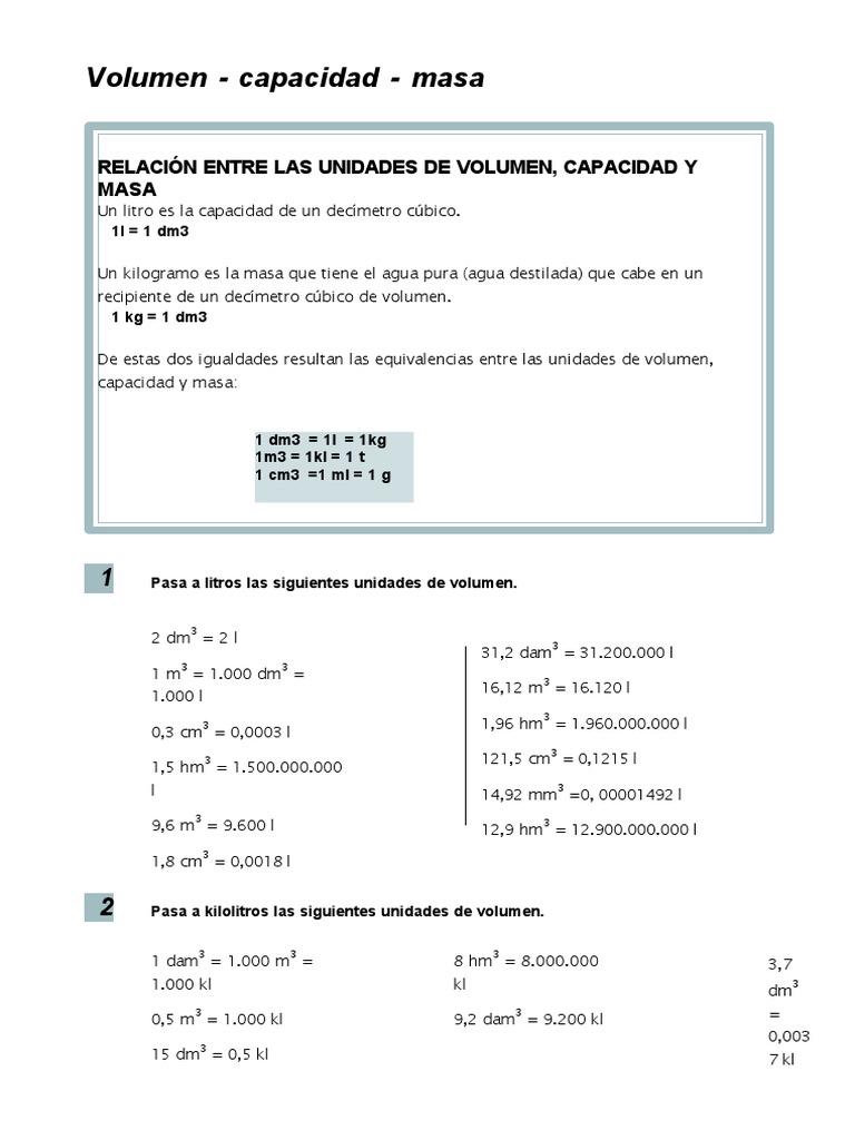 Ejercicios de Volumen y Capacidad 6º Primaria | PDF | Litro | Volumen