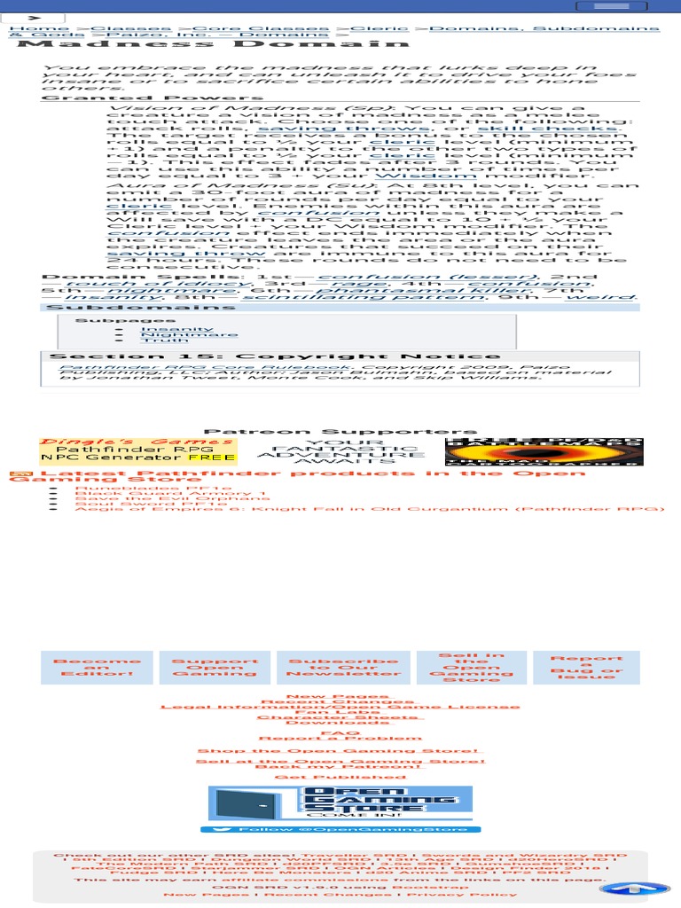 Madness Domain - d20PFSRD | PDF | Fantasy Role Playing Games | Gary Gygax Games