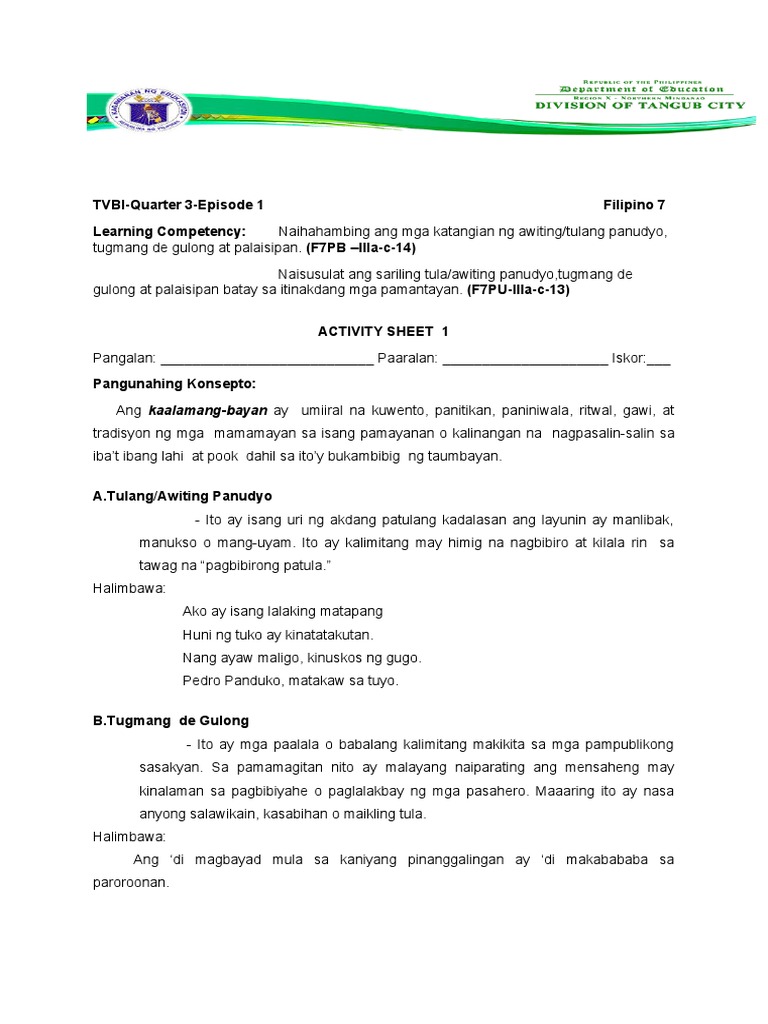Filipino - Activity Sheet Q3 Epi 1 | PDF