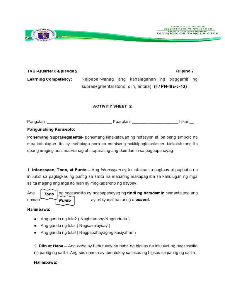 Filipino - Activity Sheet Q3 Epi 2 | PDF