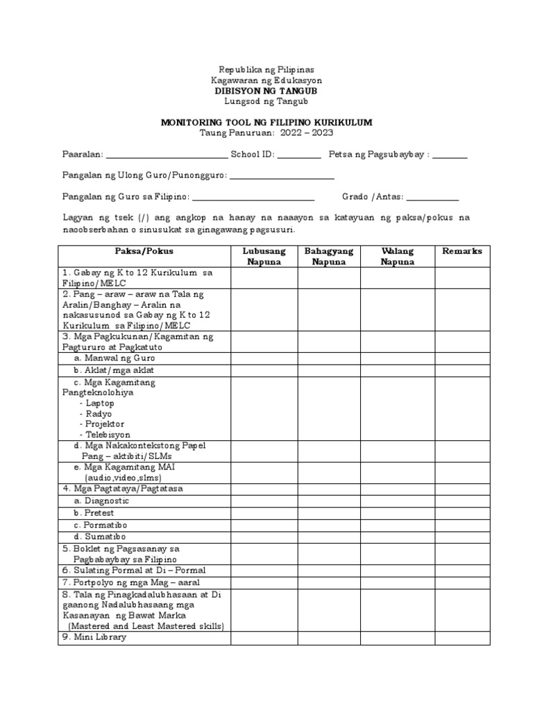 Monitoring Tool NG Filipino Kurikulum | PDF