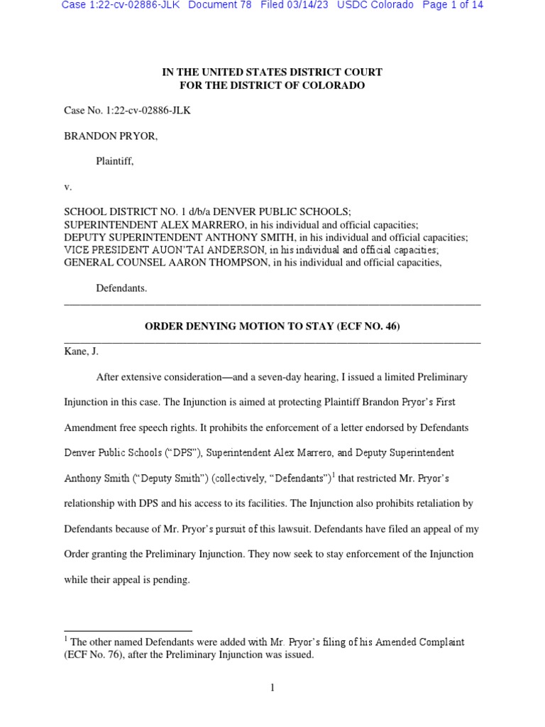 Order Denying Defendant's Motion To Stay | PDF | Injunction | Lawsuit