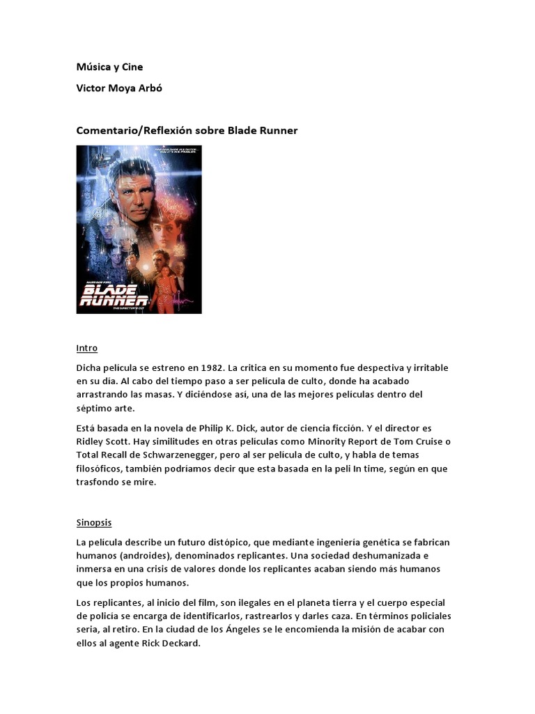 Comentario - Reflexión. Blade Runner | PDF