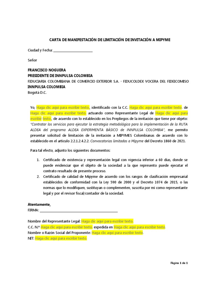Anexo 5 Formato de Carta de Solicitud Limitación Mipyme | PDF