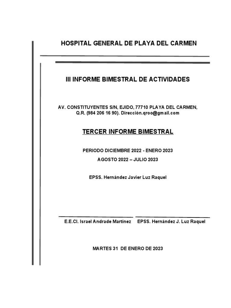 Informe Bimestral Hospital Playa Carmen | PDF