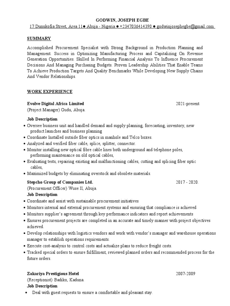 Joseph Godwin CV Procurement | PDF | Procurement | Optical Fiber
