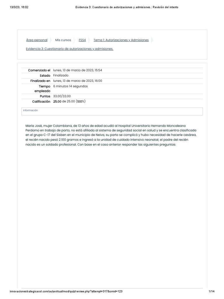 Evidencia 3 - Cuestionario de Autorizaciones y Admisiones. - Revisión Del Intento | PDF ...