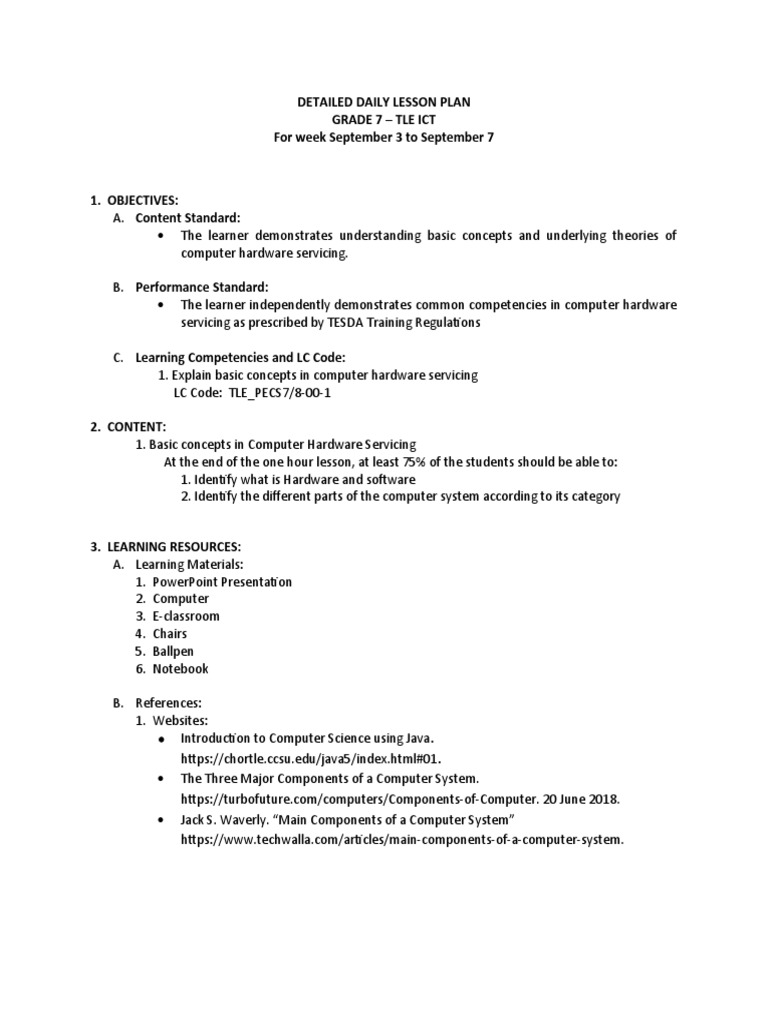 Grade 7 Computer Hardware Lesson Plan | PDF | Input/Output | Computer Hardware