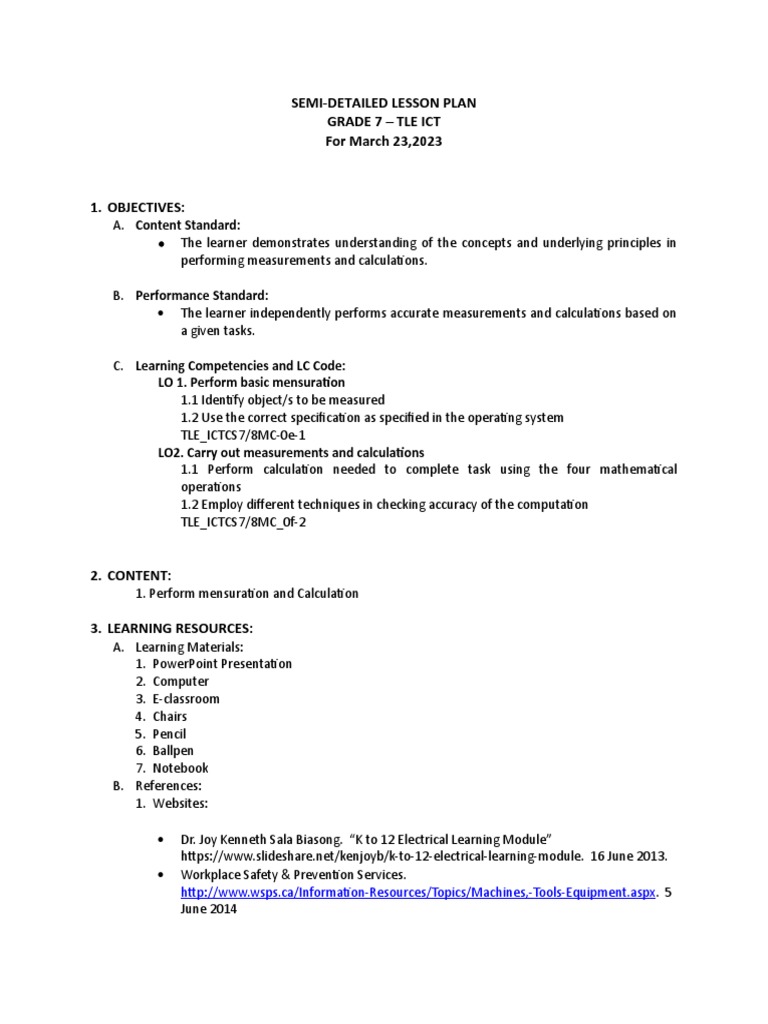 Grade 7 ICT Lesson Plan: Mensuration | PDF | Learning | Cognitive Science