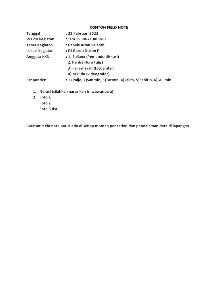Contoh Template Field Note | PDF