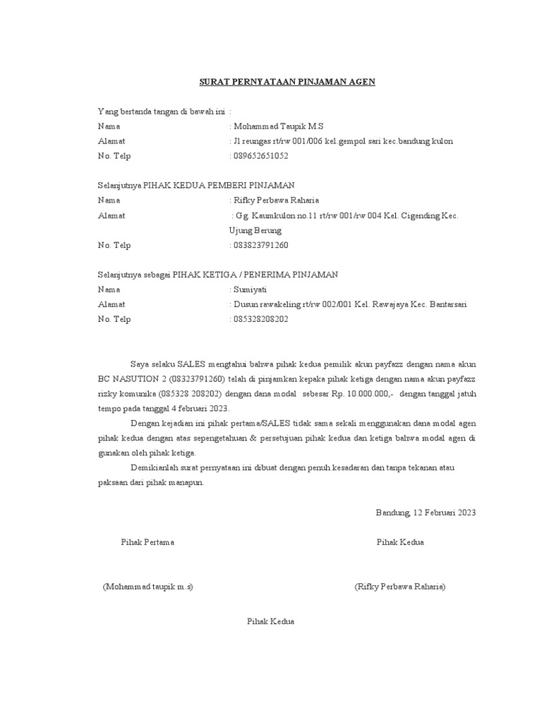 Surat Pernyataan Pinjaman Agen 2023 | PDF